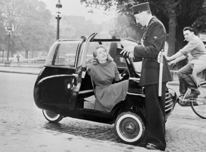 Lady in bubble car blank card - Holy Mackerel